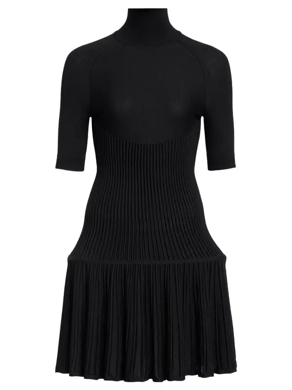 Alaïa Crinoline Pleated Knit Dress With High Neck And Short Sleeves - Black