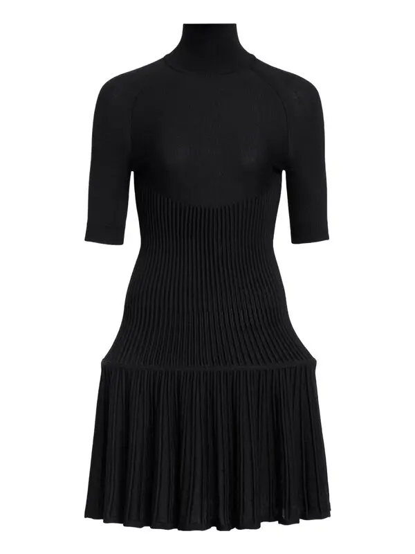 Alaïa Crinoline Pleated Knit Dress With High Neck And Short Sleeves - Black