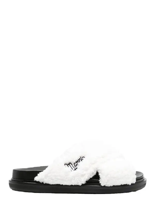 Marni Logo Embroidered Shearling Sandals - White