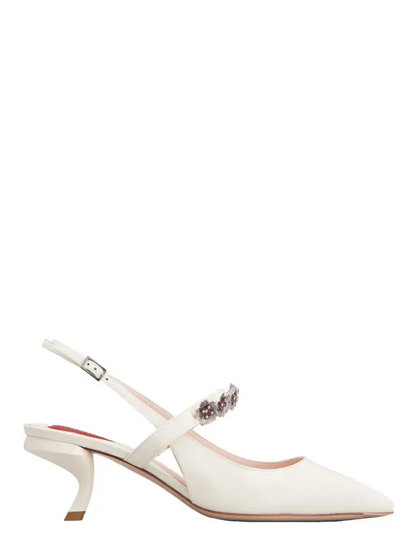 ROGER VIVIER Virgule Flower Slingback Pumps In Patent Leather - Cream