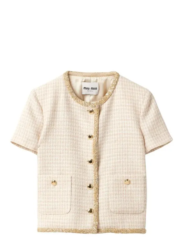 Miu Miu Single-breasted Tweed Jacket With Embroidered Logo - Nude