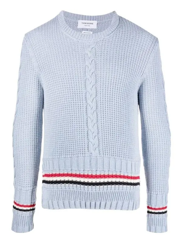 Thom Browne Rwb Stripe Cable Knit Jumper - Light Blue
