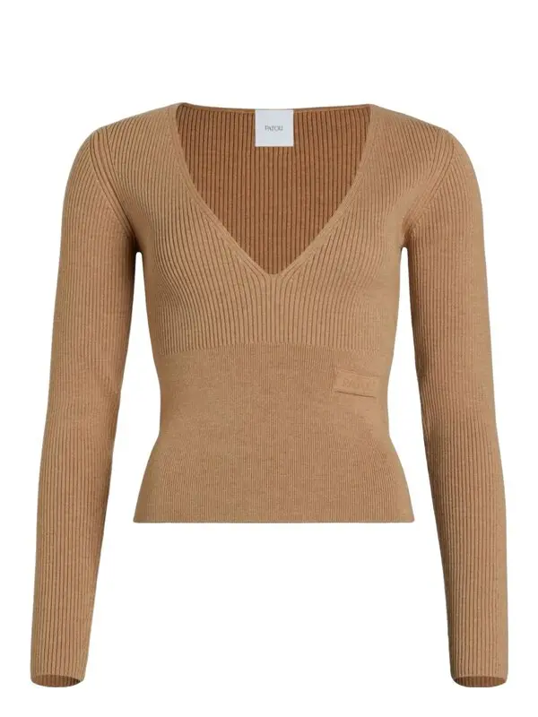 PATOU Fitted V-neck Knitted Sweater With Logo Appliqu - Light Brown