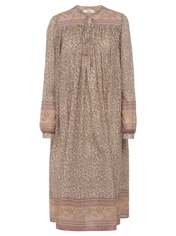 Chloé Floral Print Gathered Midi Dress With Long Sleeves - White Pink