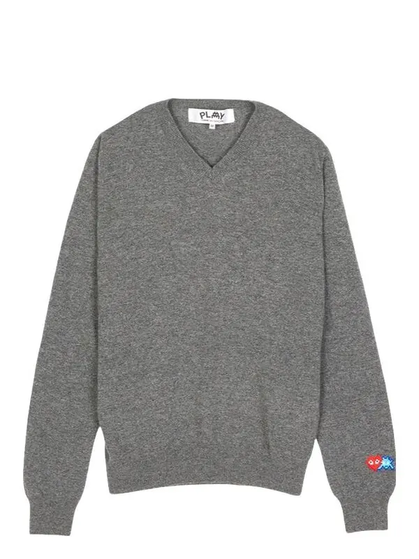 Comme Des Garçons V-neck Long Sleeve Sweater With Embroidered Detail - Gray