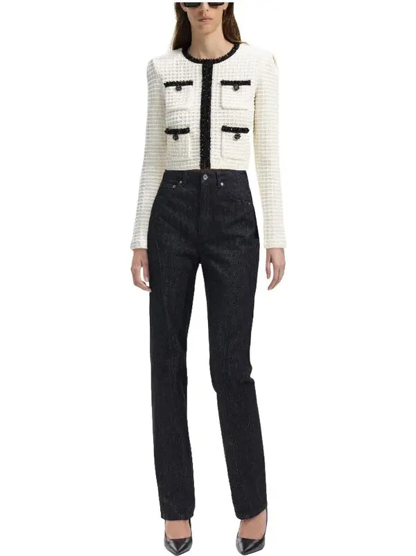 SELF-PORTRAIT Textured Knitted Cardigan With Embellished Pockets - Black
