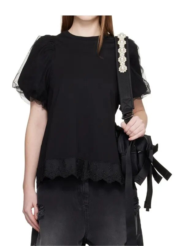 Simone Rocha Sheer Puff Sleeve Lace Trim T-shirt - Black