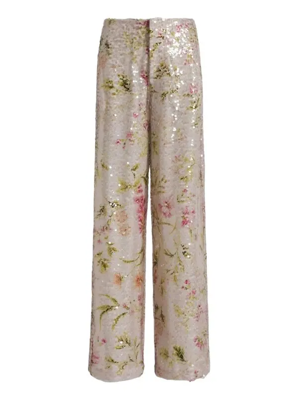 Alberta Ferretti Sequined Floral Wide Leg Trousers - Nude