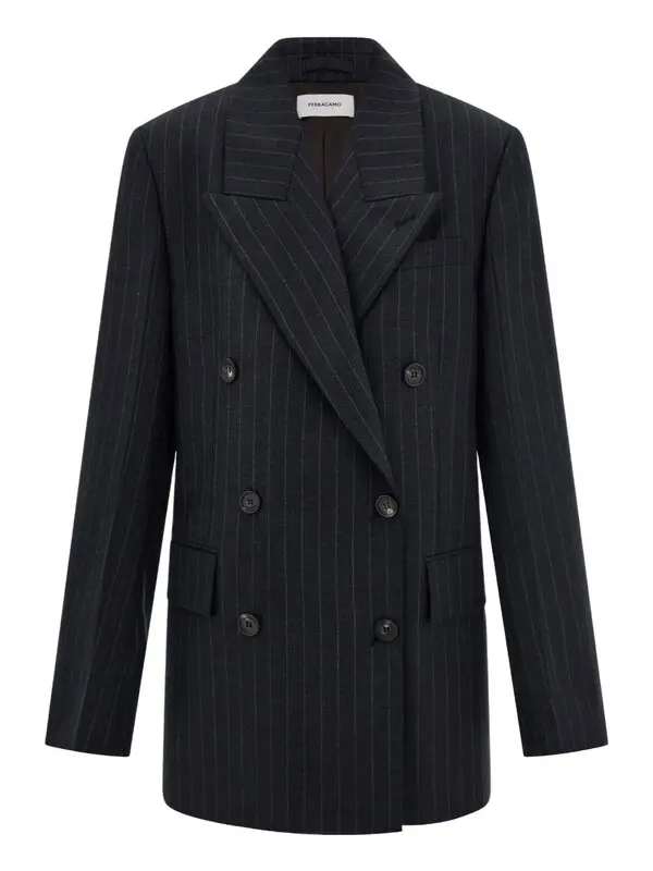 FERRAGAMO Double-breasted Pinstripe Suit Jacket - Coal