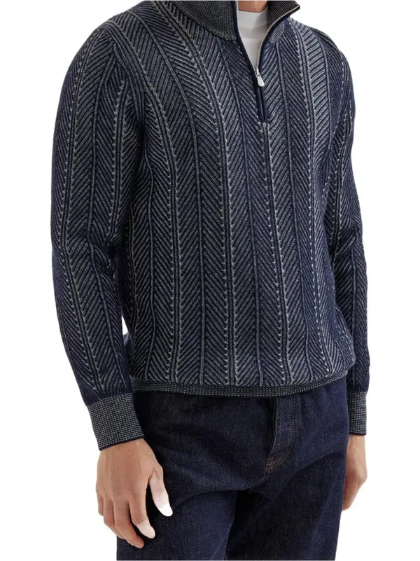 Brunello Cucinelli Textured Zip Mock-neck Knitted Sweater - Black