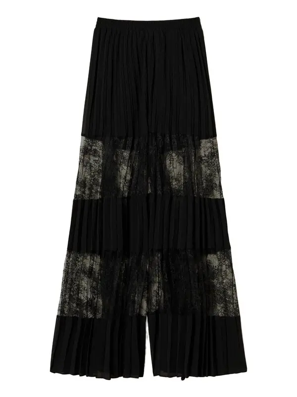 TWINSET Lace Pleated Georgette Wide-leg Trousers - Black