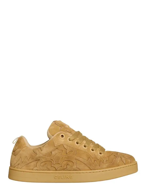 Celine Huntington Low Lace-up Sneakers In Suede Calfskin And Mesh - Tan