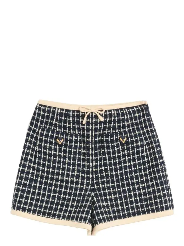 Valentino Garavani Checked Bouclé Shorts With Vlogo Button Detail - Navy Blue/ivory