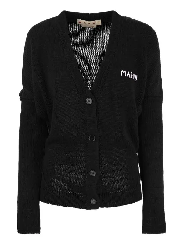Marni Logo Embroidered V-neck Buttoned Cardigan - Black