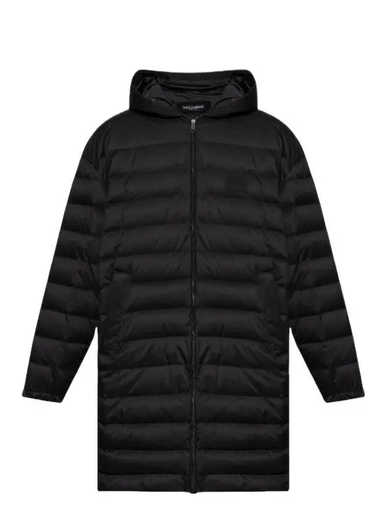 Dolce & Gabbana Quilted Down Coat With Logo Patch - Black