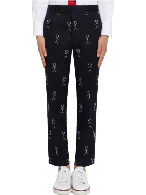 Thom Browne Embroidered Stick Figure Casual Pants - Navy Blue