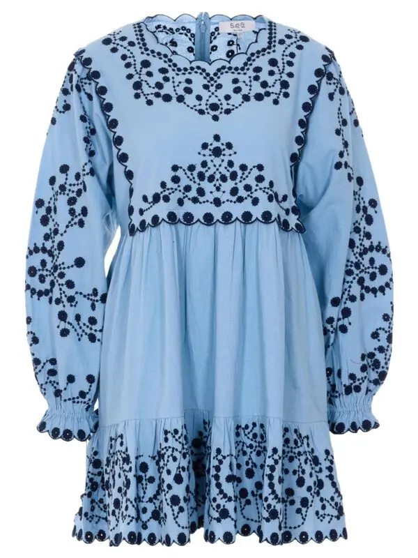 Sea Embroidered Long-sleeve Mini Dress - No