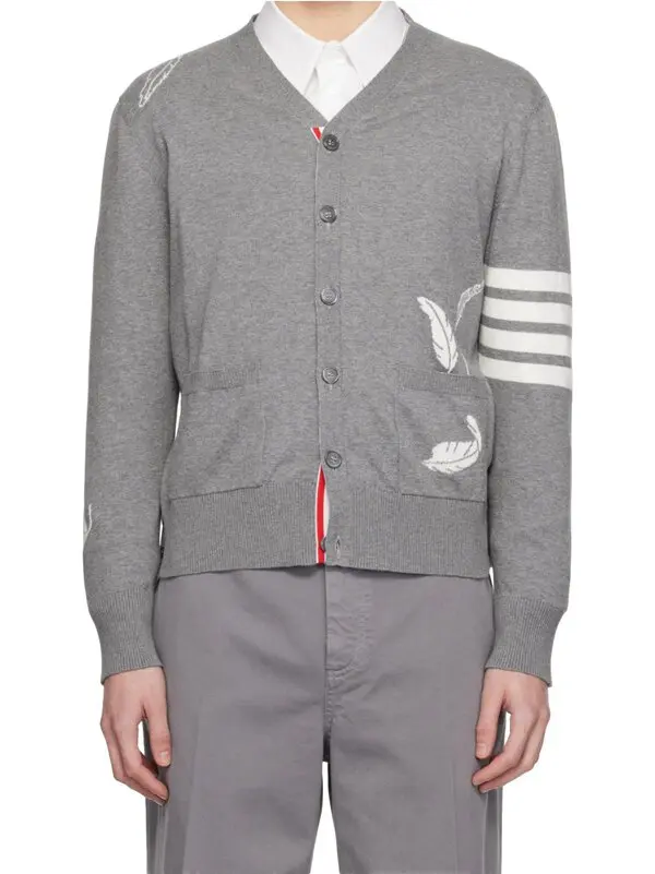 Thom Browne Feather Intarsia 4-bar Cardigan - Light Gray