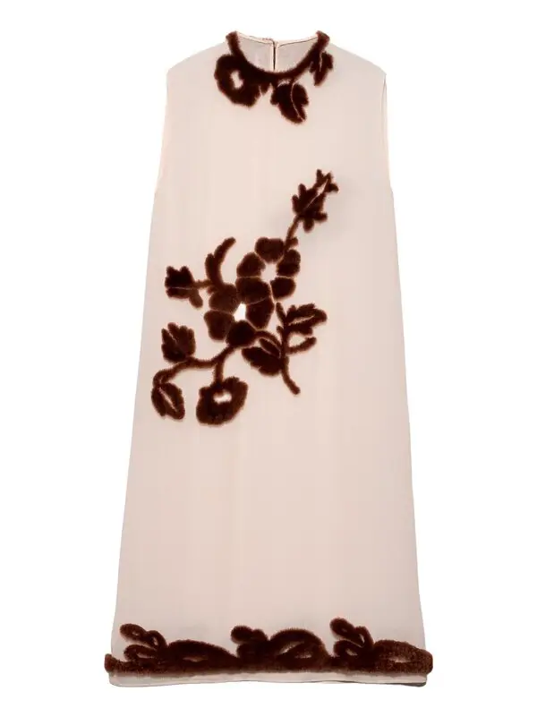 Prada Embroidered Georgette Sleeveless Dress - Cocoa Brown