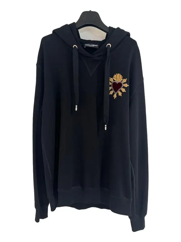 Dolce & Gabbana Embroidered Heart Hooded Long Sleeve Sweater - Black