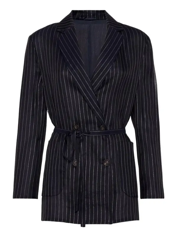 Brunello Cucinelli Striped Double Breasted Belted Blazer - Black