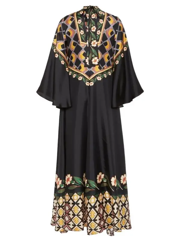 La DoubleJ Printed Silk Maxi Dress With Neck Tie - Green