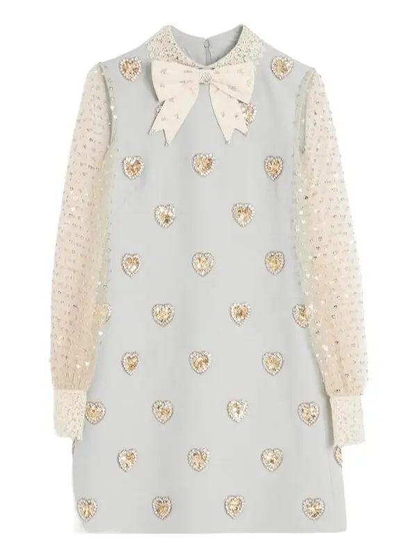 Valentino Garavani Embroidered Crepe Couture Short Dress With Rhinestone Bow Detail - White