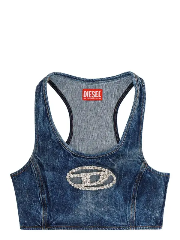DIESEL® Oval-d Logo Embellished Cropped Denim Top - Blue