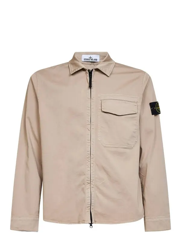 Stone Island Logo Patch Zip-up Shirt - Nude