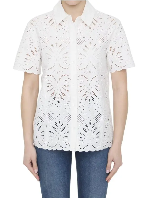 SELF-PORTRAIT Open-work Short-sleeved Shirt - White