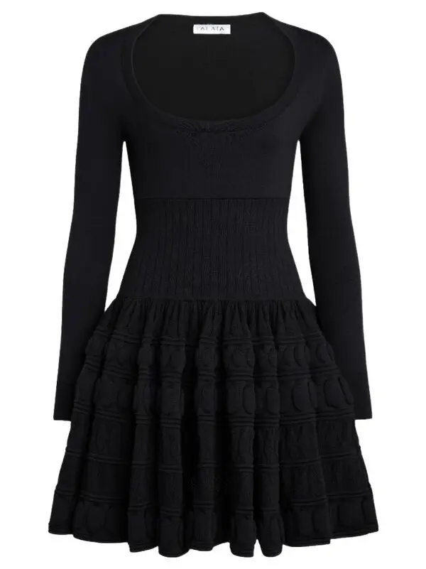 Alaïa Long-sleeved Wool Dress With Round Neck And Pleated Skirt - Black