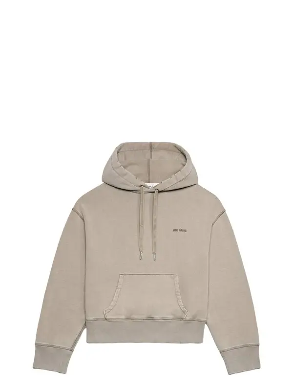 Ami Logo Embroidered Drawstring Hoodie - Nude