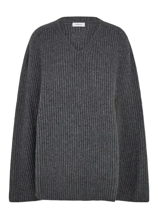 FERRAGAMO Cashmere Blend Cape With Suede Trim - Mixed-color Gray