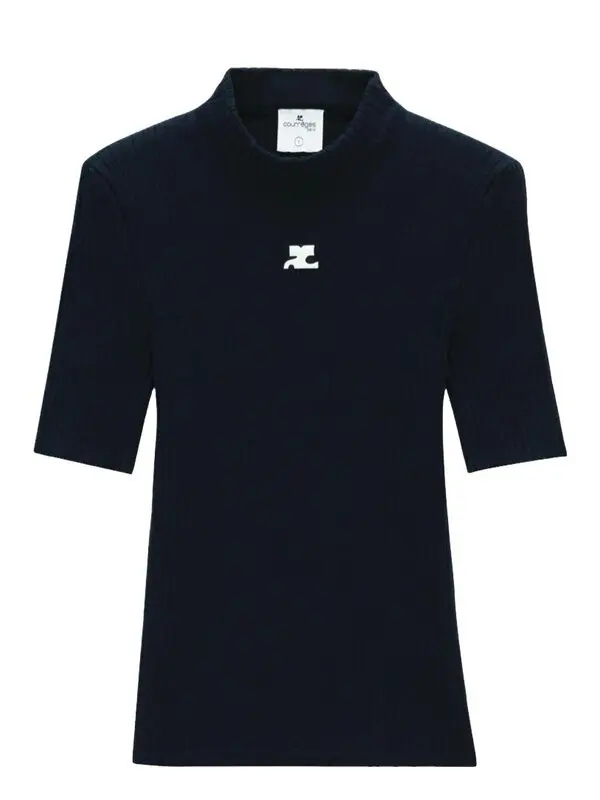 COURREGES Short Sleeve High Collar Top With Logo Patch - Navy Blue