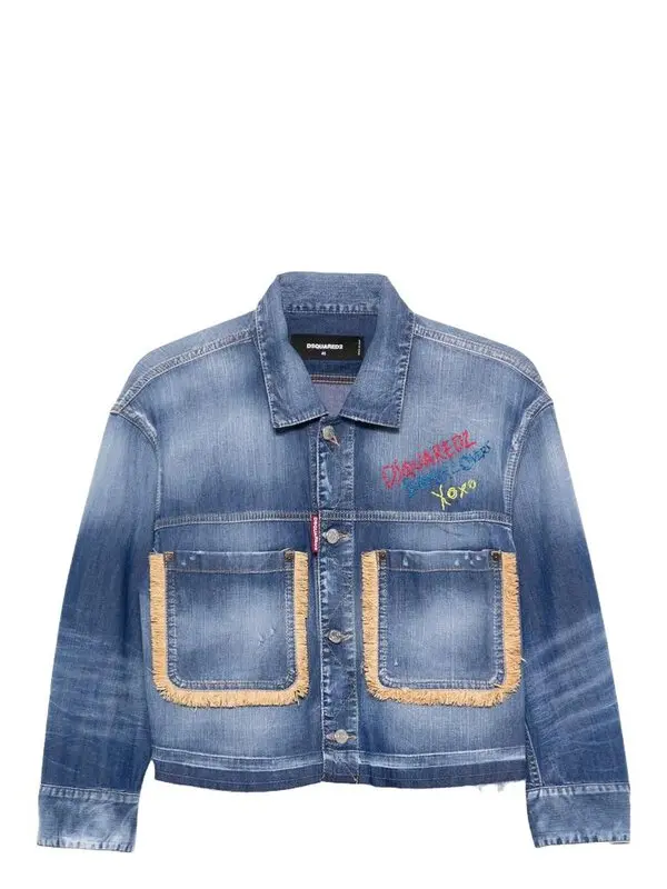 Dsquared2 Medium Wash Maxi Denim Jacket With Embroidered Logo - Blue