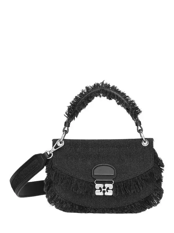 GANNI Denim Mini Top Handle Bag With Fringe - Black
