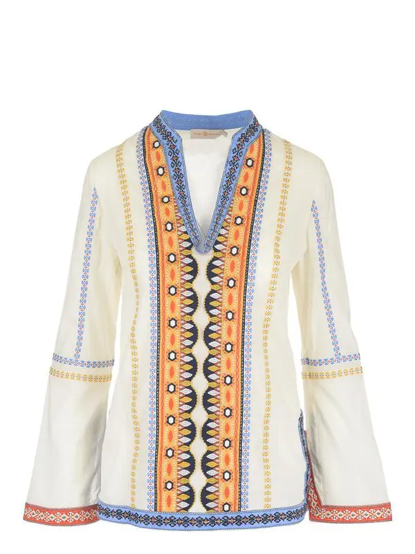 Tory Burch Bohemian Embroidered V-neck Long Sleeve Top - White