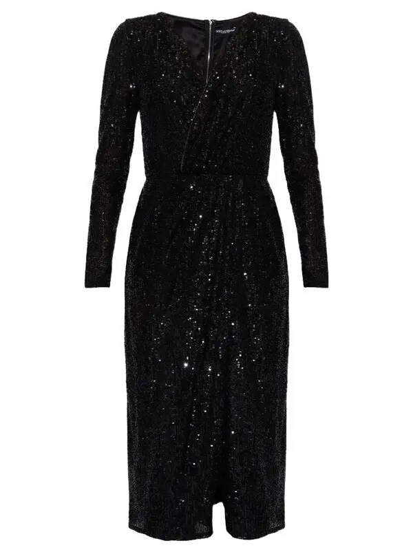 Dolce & Gabbana Sequined V-neck Midi Dress - Black