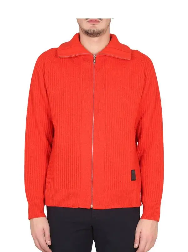 Paul Smith Zip-up Knitted Cardigan With Logo Patch - Red