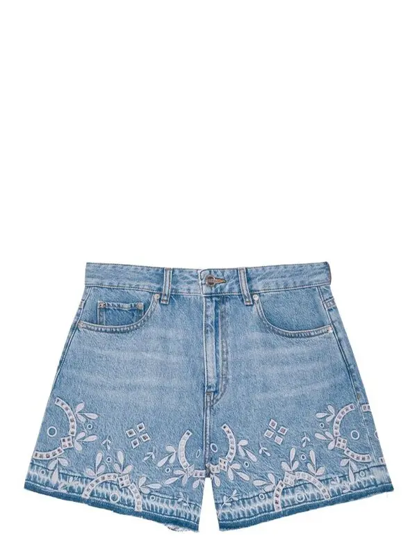 GANNI Broderie Anglaise Denim Shorts - Light Blue