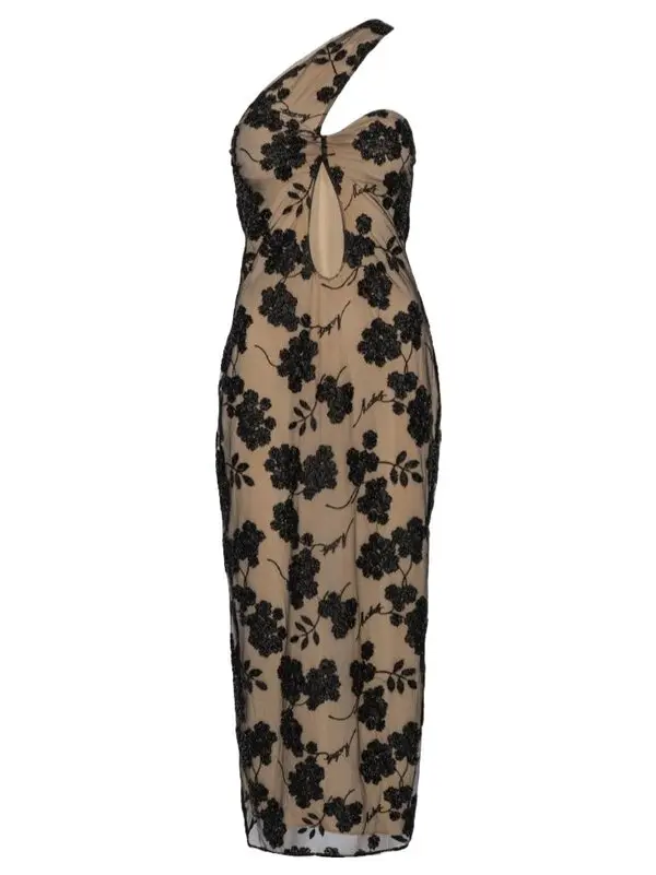 ROTATE BY BIRGER CHRISTENSEN Floral Beaded Asymmetrical Midi Dress - Black