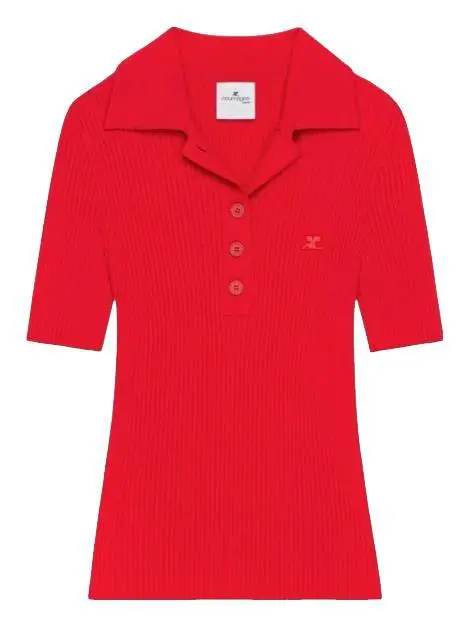 COURREGES Ribbed-knit Polo Shirt With Lapel Collar - Poppy