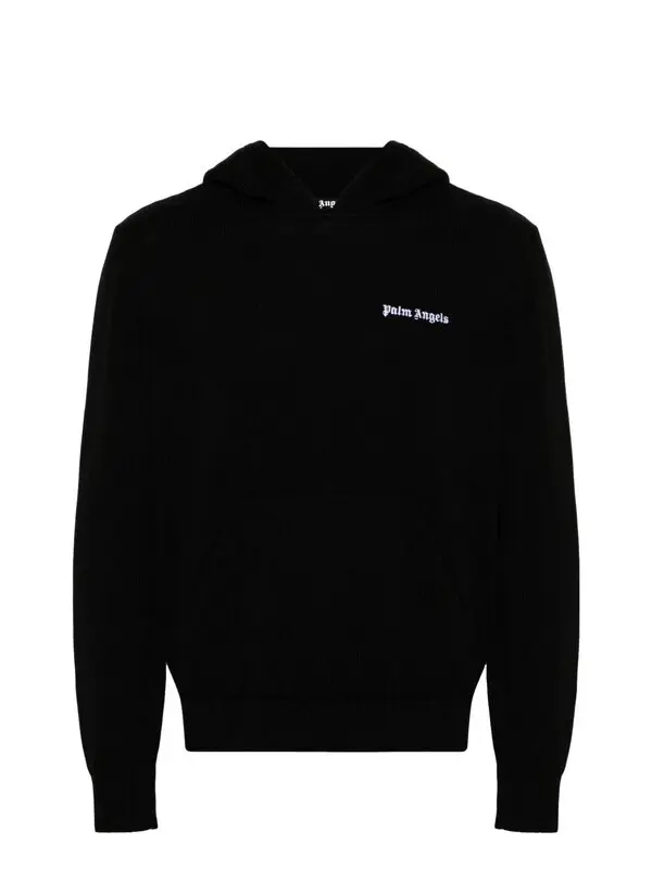 Palm Angels Logo Embroidered Knitted Hoodie - Black
