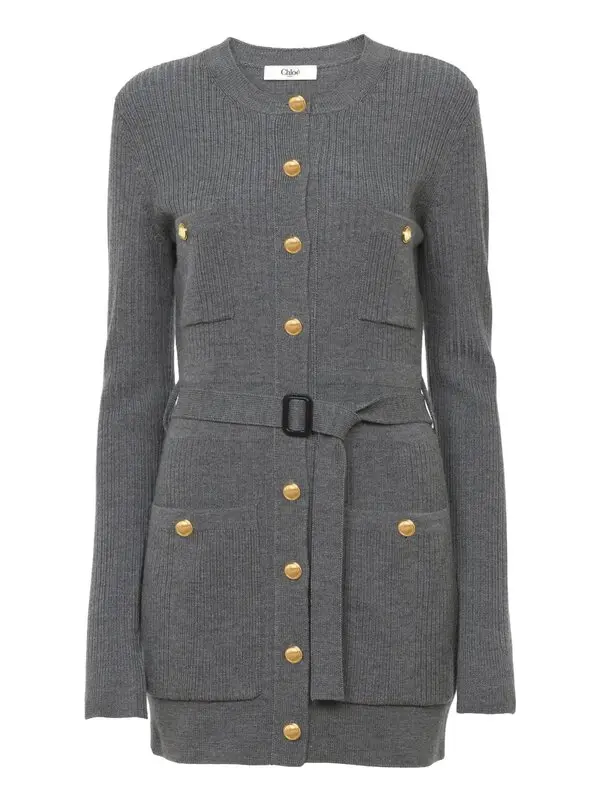 Chloé Fitted Knit Long Cardigan With Military Buttons And Belt - Urban Ash