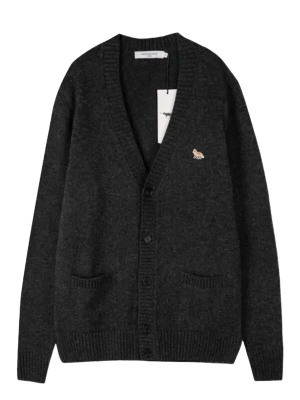 Maison Kitsuné V-neck Knitted Cardigan With Applique - Black