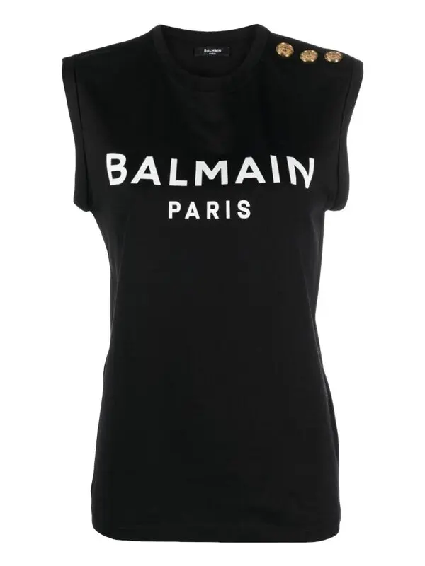 Balmain Logo Printed Sleeveless Round Neck Tank Top - Black