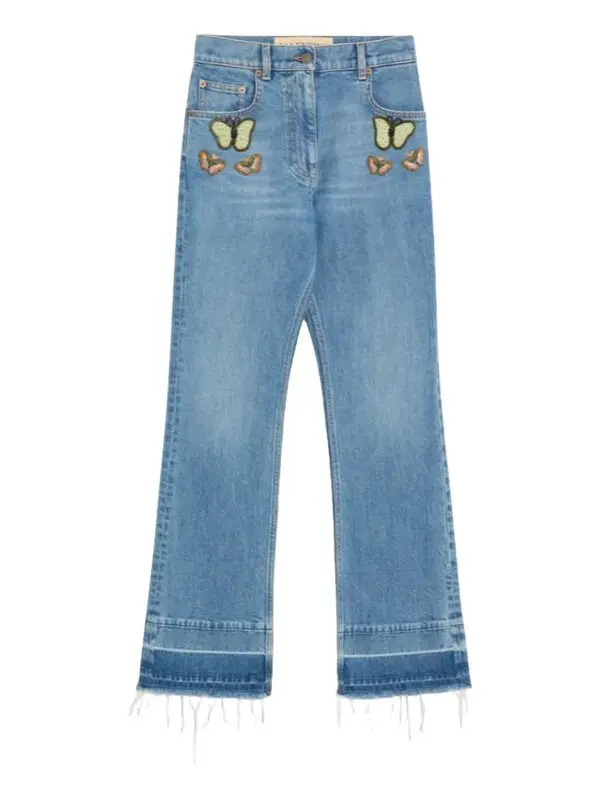 Valentino Garavani Embroidered Butterfly Denim Trousers - Medium Blue