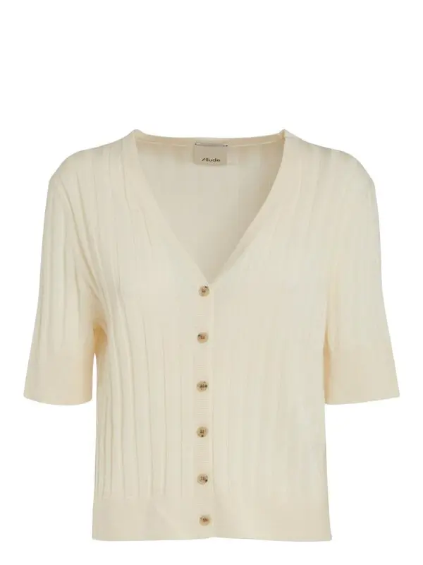 ALLUDE Ribbed V-neck Cardigan With Short Sleeves - White