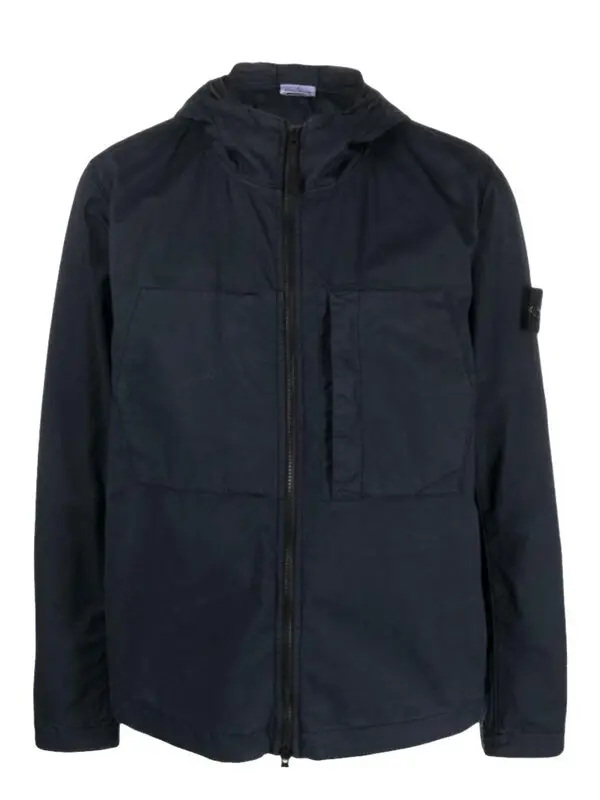 Stone Island Hooded Casual Jacket With Compass Pattern - Blue