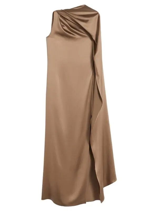 Max Mara One-shoulder Satin Gown With Cape Detailing - Mud Color